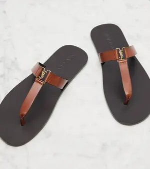 Saint Laurent Cassandre Leather Thong Sandals - Brown