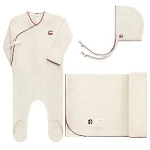 ELY'S & CO. Embroidered Cherry Footie, Blanket, And Bonnet Set Ivory/red