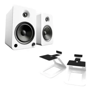 KANTO Yu6 Powered Bookshelf Speakers With Se6 Elevated Desktop Speaker Stands - Matte White