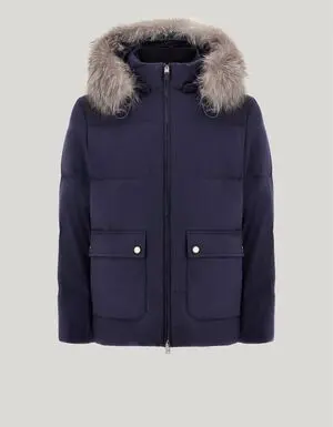 Canali Cashmere Puffer Jacket With Fox Fur Hood - Blue