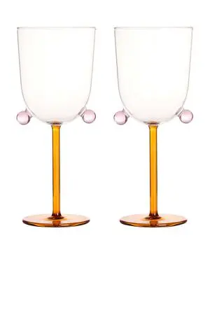 MAISON BALZAC Pompom Wine Glasses Set Of 2 - Miel, Clear, & Pink