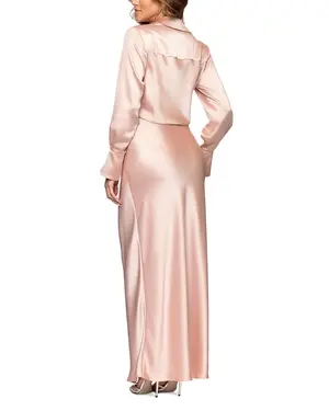 Aqua Satin Long Sleeve Maxi Gown - Rose