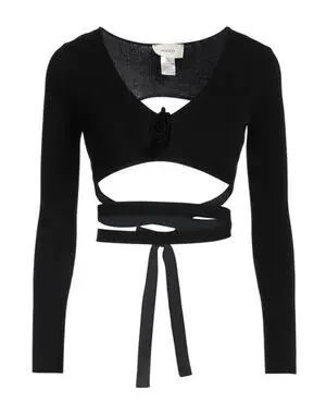 VICOLO Cropped Knit Top With Floral Appliqués - Black
