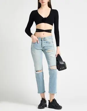 VICOLO Cropped Knit Top With Floral Appliqués - Black