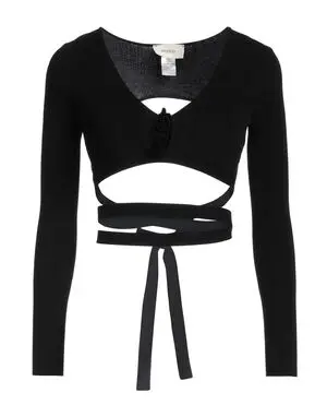 VICOLO Cropped Knit Top With Floral Appliqués - Black