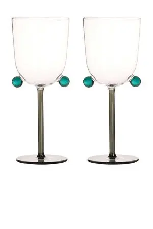 MAISON BALZAC Pompom Wine Glasses Set Of 2 - Smoke, Clear, & Teal