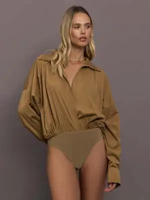 Norma Kamali Oversized Boyfriend Shirt Bodysuit - Camel