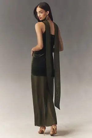 MARE MARE Velvet Scarf-neck Maxi Dress - Olive