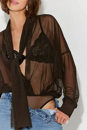 Norma Kamali Super Oversized Boyfriend Shirt Bow Bodysuit - Espresso