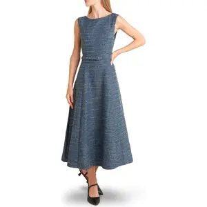 FREEMARKET Sequin Belted Tweed Midi Dress - Light Navy