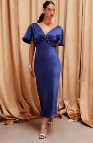 Fifteen Twenty Shailene Satin Flutter Sleeve Midi Dress