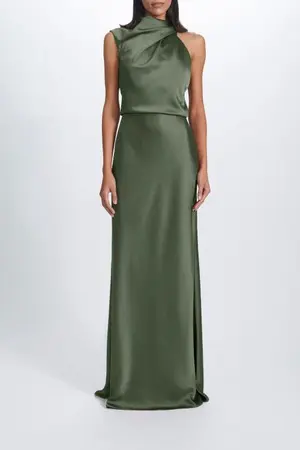 Amsale Satin Draped Neck Gown - Olive
