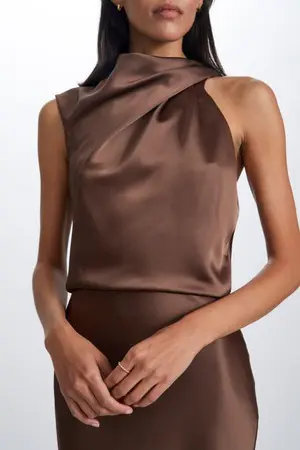 Amsale Satin Draped Neck Gown - Truffle
