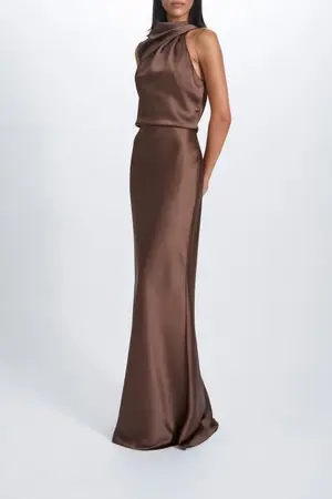 Amsale Satin Draped Neck Gown - Truffle