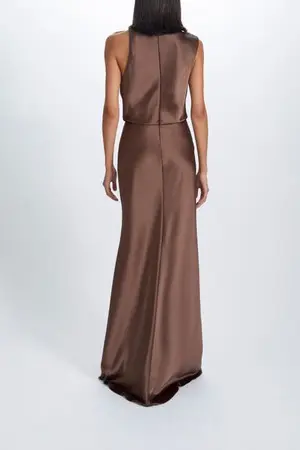 Amsale Satin Draped Neck Gown - Truffle