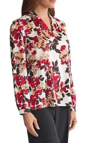 KASPER Floral Print Pleated Shoulder Top