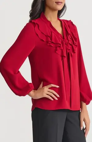 KASPER Crepe Top With Ruffle Trim And Tie Front - Fire Red