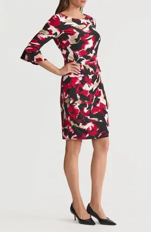 KASPER Abstract Print Side Ruched Sheath Dress