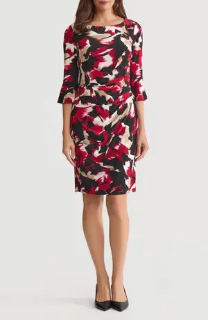 KASPER Abstract Print Side Ruched Sheath Dress - Black Multi