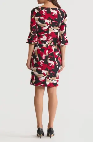 KASPER Abstract Print Side Ruched Sheath Dress - Black Multi