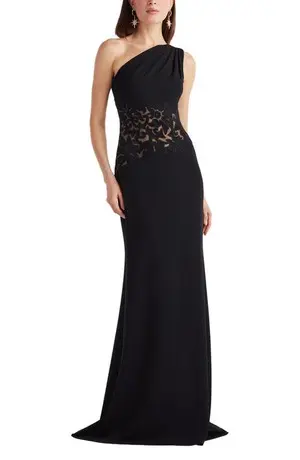 Tadashi Shoji Embroidered Detail One-shoulder Gown - Black/nude