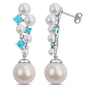 JULIANNA B. Cultured Freshwater Pearl, Swiss Blue And Diamond Earrings - Topaz