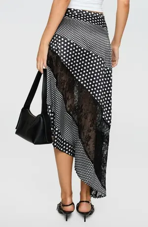 Princess Polly Mixed Polka Dot & Lace Asymmetric Midi Skirt