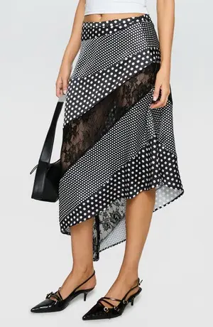 Princess Polly Mixed Polka Dot & Lace Asymmetric Midi Skirt