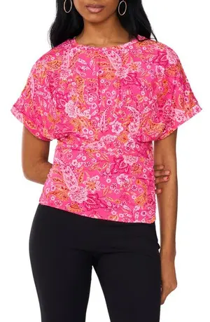 Chaus Floral Print Ruched Knit Top - Fuchsia/pink/mango