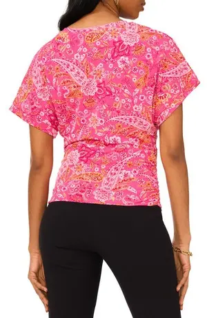 Chaus Floral Print Ruched Knit Top - Fuchsia/pink/mango