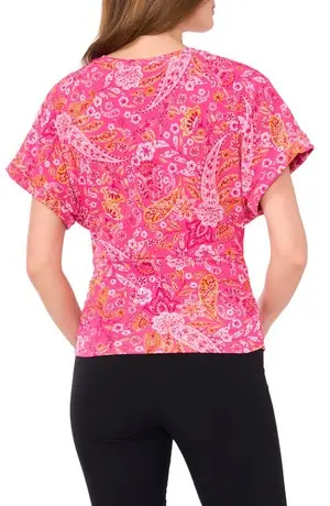 Chaus Floral Print Ruched Knit Top - Fuchsia/pink/mango