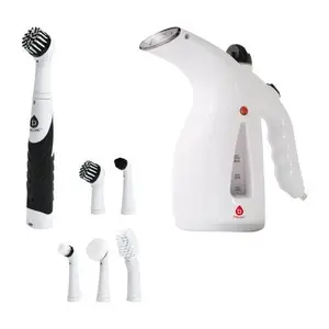 PURSONIC Cordless Power Scrubber Cleaning Brush + 300ml Handheld Travel Garment Steamerhome & Travel Cleaning Essentials - White