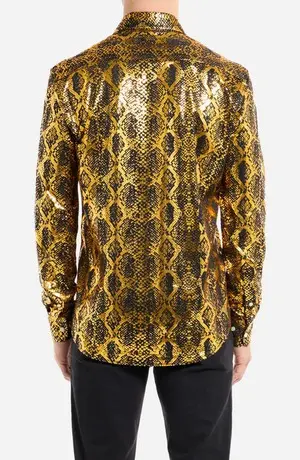 Opposuits Modern Tailored Fit Shiny Snake Wrinkle Resistant Button-up Shirt - Gold