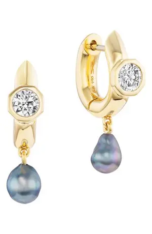 UNIFORM OBJECT Machina Akoya Pearl & Diamond Drop Earrings - Yellow Gold