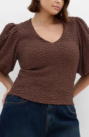City Chic Texture Puff Sleeve Top - Chocolate