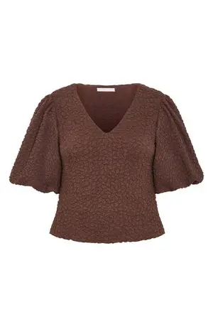 City Chic Texture Puff Sleeve Top - Chocolate