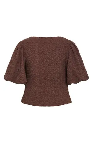 City Chic Texture Puff Sleeve Top - Chocolate
