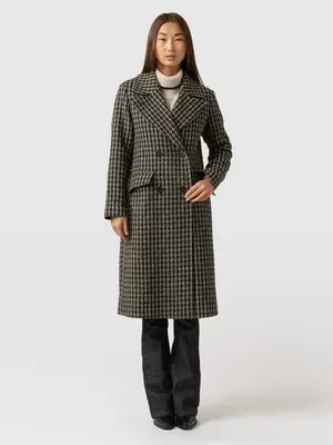 SAINT + SOFIA Hampton Double Breasted Overcoat - Olive Houndstooth
