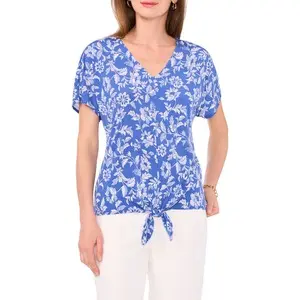 Chaus Printed Tie Front Top - Denim