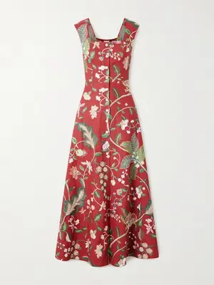 MARTA FERRI Farfalle Embroidered Linen-blend Maxi Dress