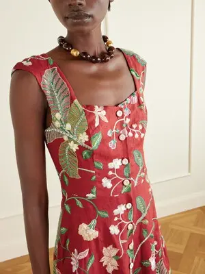 MARTA FERRI Farfalle Embroidered Linen-blend Maxi Dress
