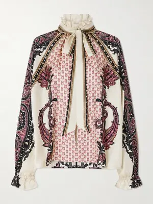 Etro Pussy-bow Ruffled Printed Silk-twill Blouse - Neutrals
