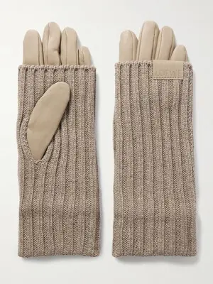 Loewe Leather And Ribbed Cashmere Gloves - Neutrals