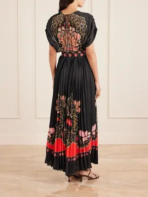 La DoubleJ Belted Pleated Printed Crepe De Chine Maxi Dress - Black