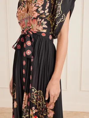 La DoubleJ Belted Pleated Printed Crepe De Chine Maxi Dress - Black