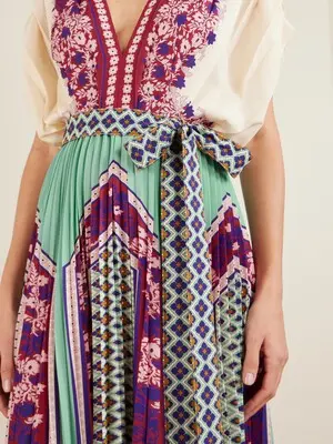 La DoubleJ Belted Printed Pleated Crepe De Chine Maxi Dress - Multi
