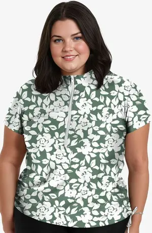 CALYPSA Half-Zip Adele Swim Top Sage Green Roses