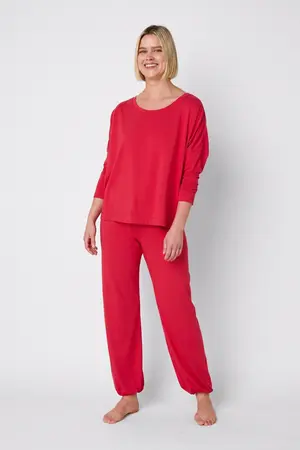 THE CAT'S PAJAMAS Classic Solid Pima Knit Pullover Pajama Set Red
