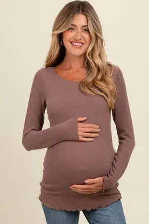 PINKBLUSH Ribbed Knit Long Sleeve Top - Brown