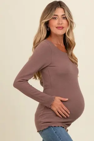 PINKBLUSH Ribbed Knit Long Sleeve Top - Brown